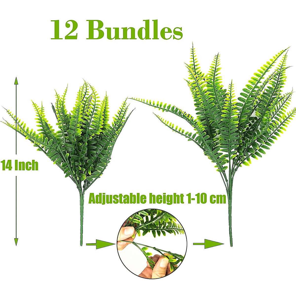 Artificial Plants, 12 Bundles Fake Boston Fern Greenery Outdoor UV Resistant Plastic Flowers Indoor Outside Hanging Planter Home Garden Decor