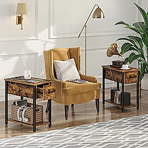 Rolanstar End Table, Sturdy Side Table with Charging Station, 2 USB Ports, Drawer, Shelf and Large Storage, Narrow Bedside Table for Sofa, Living Room (Rustic Brown)