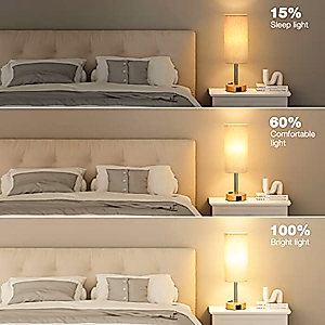 Beside Table Lamp for Bedroom Nightstand - 3 Way Dimmable Touch Lamp USB C Charging Ports and AC Outlet, Small, Wood Base Round Flaxen Fabric Shade for Living Room, Office Desk, LED Bulb Included