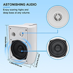 Herdio 5.25 Inch 300 Watts Indoor Outdoor Bluetooth Speakers Waterproof Wall Mount Speakers Wired System All Weather Resistant for Patio Porch Home Theather Backyard(White)