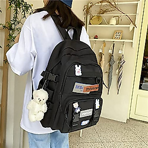 ASNAT Cute Backpack with Kawaii Pin and Accessories Back to School Bag Large Capacity (Black)