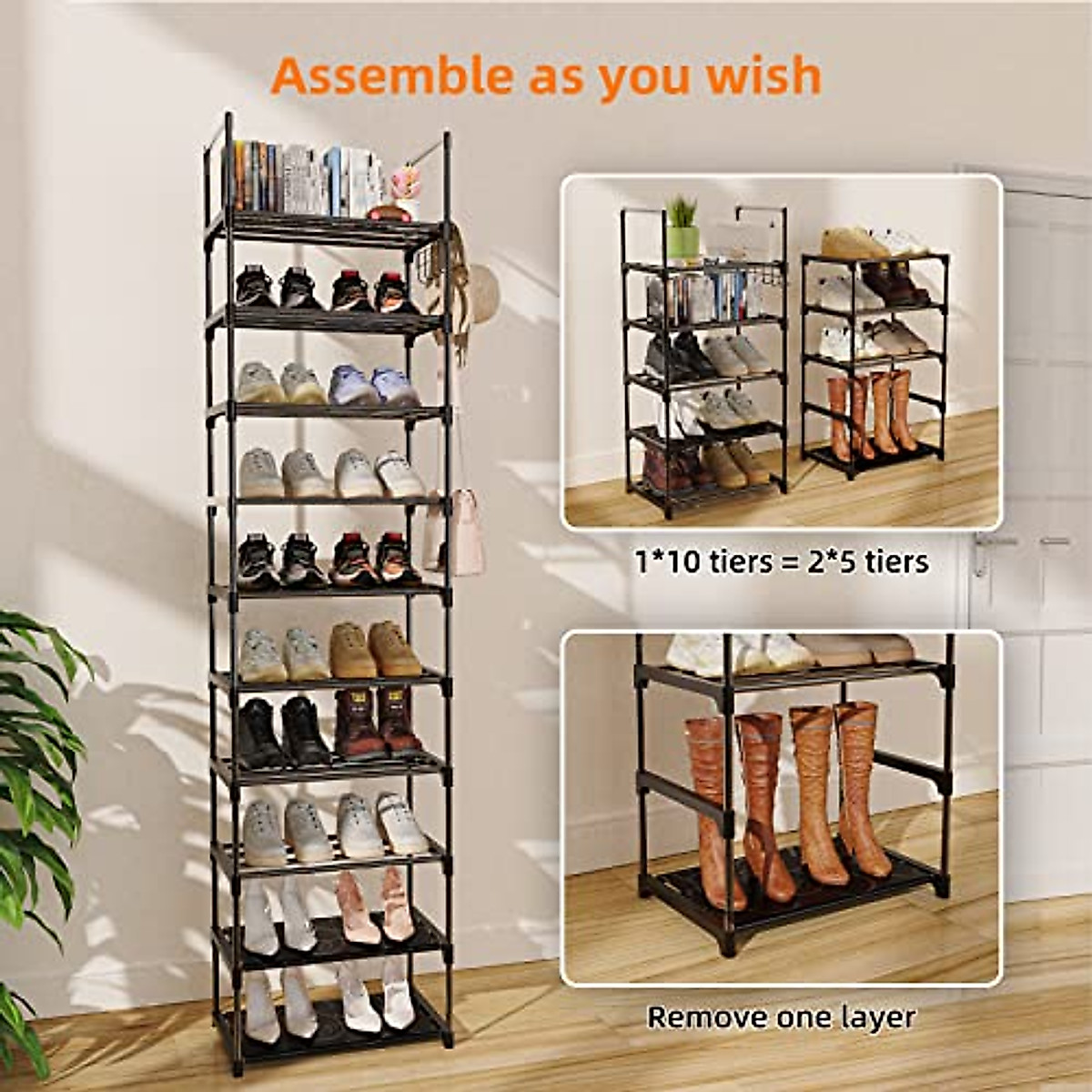 Antigo 10 Tier Tall Shoe Rack for Closet, Narrow Shoe Rack for Entryway, 20-24 Pairs Vertical Shoe Organizer Storage Space Saving,Metal Stackable Shoe Stand Shelf Shoe Tower with Hook Pp Gaskets