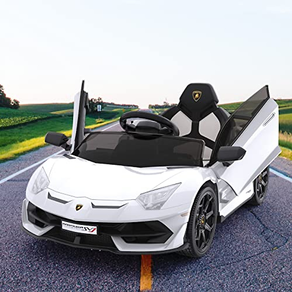 Hetoy Ride on Car for Kids 12V Licensed Lamborghini Electric Vehicles Battery Powered Sports Car with Control, 2 Speeds, Sound System, LED Headlights and Hydraulic Doors