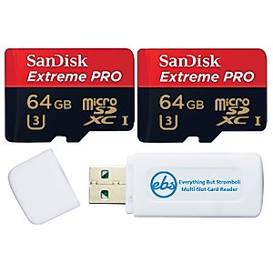 SanDisk 64GB Micro SDXC Memory Card Extreme Pro (2 Pack) Works with GoPro Hero 9 Black Action Camera U3 V30 4K Class 10 (SDSQXCY-064G-GN6MA) Bundle with 1 Everything But Stromboli TF & SD Card Reader