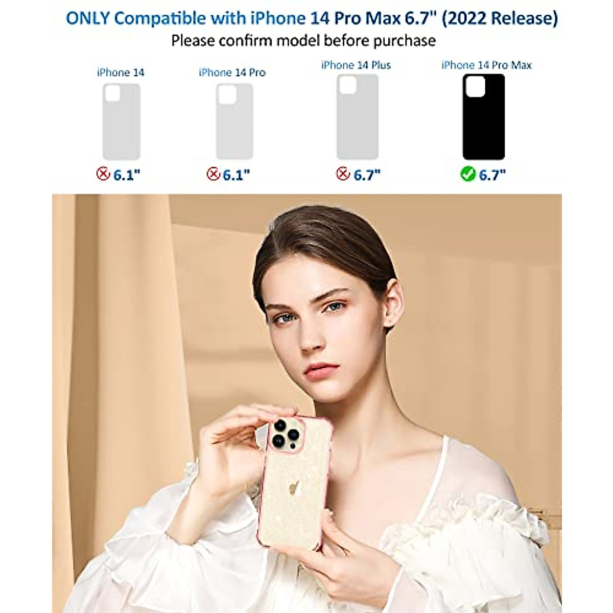 MIODIK for iPhone 14 Pro Max Case Clear Glitter, with Screen Protector + Camera Protector, [Military-Grade Protective] [Non-Yellowing] Slim Shockproof Women Cute Bumper Cover 6.7" 2022 (Sparkle Pink)