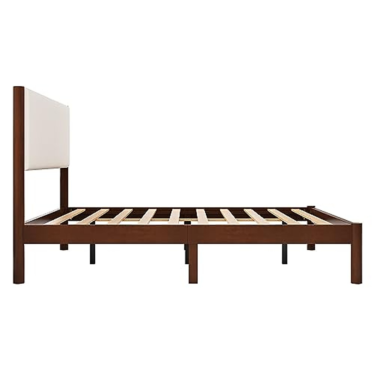 Merax Modern Farmhouse Solid Wood Platform Bed with Upholstered Headboard, Queen Bed Frame/No Box Spring Needed, Rich Walnut