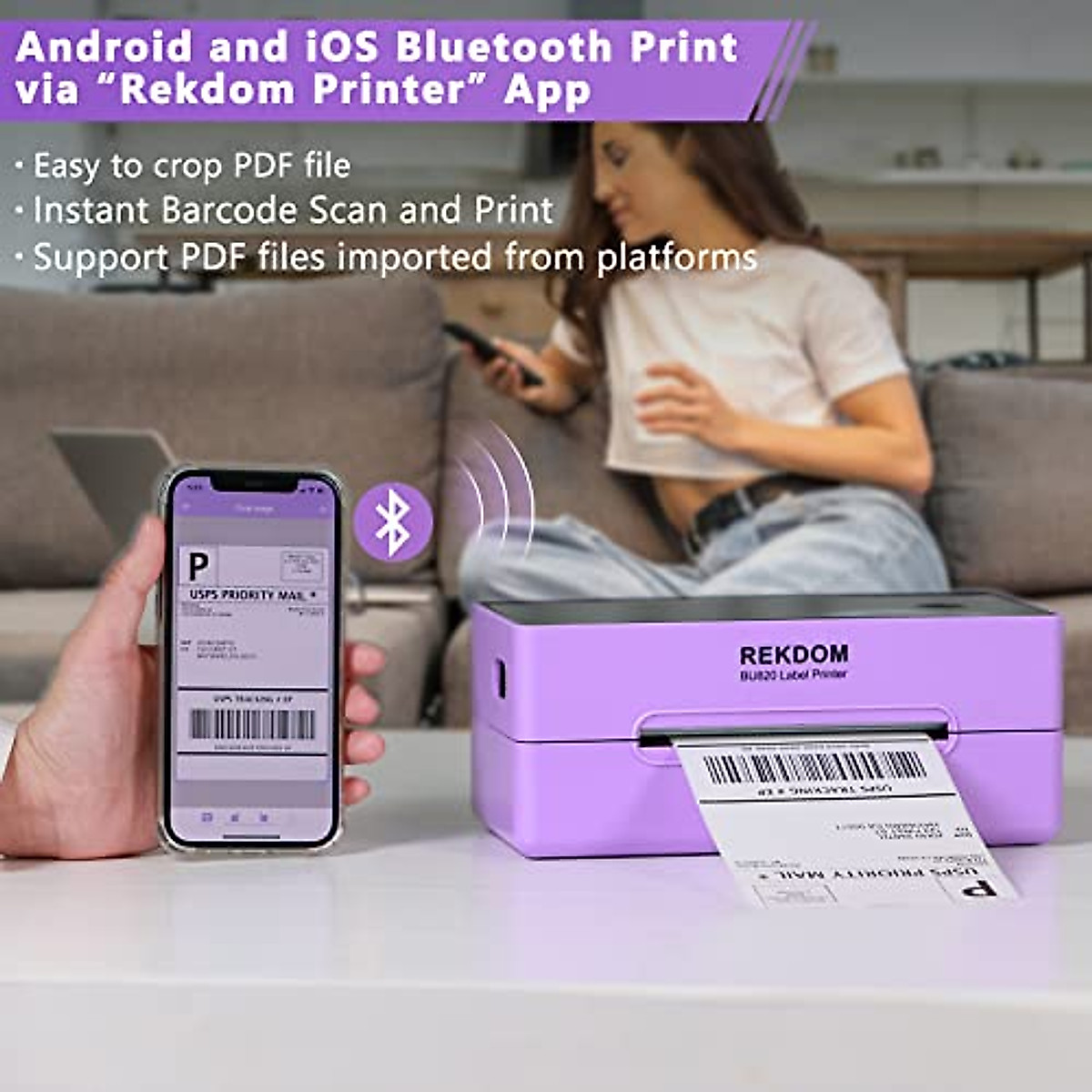 REKDOM Bluetooth Label Printer Wireless Thermal Printer for Shipping Packages, Compatible with iPhone, Android and Windows, Support Amazon, Ebay, Etsy, USPS, Shopify and etc.