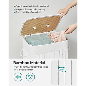 SONGMICS Foldable Laundry Hamper with Lid, 19 Gal. Bamboo Laundry Basket, Rectangular Storage Hamper with 3 Handles, 15.7 x 11.8 x 23.6 Inches, for Laundry Room, Bedroom, White ULCB010W01