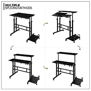 MoNiBloom Mobile Standing Desk Adjustable Height Workstation Rolling Presentation Cart Stand Up Laptop Table with Side Storage for Home Office Classroom with Wheels, Black