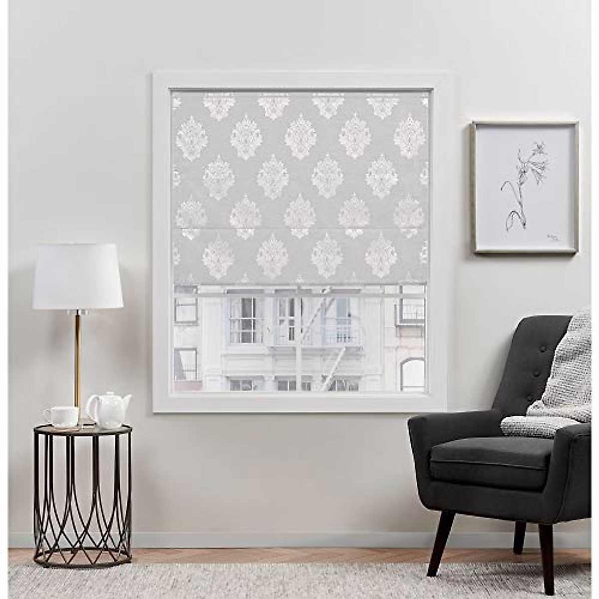 Exclusive Home Curtains Marseilles Damask 100% Blackout Roman Shade, 27"x64", Silver