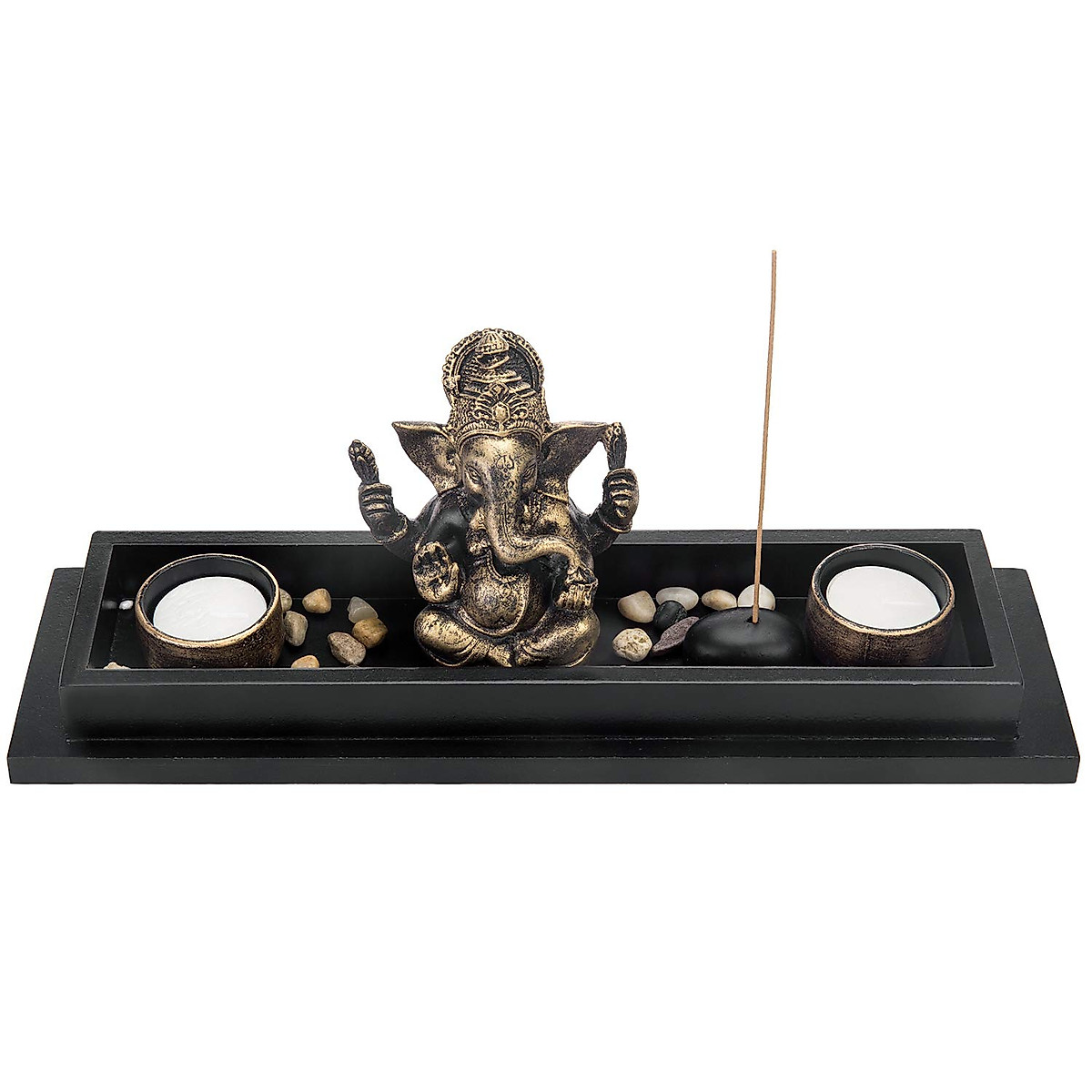 MyGift Mini Zen Garden with Ganesh Statue, Incense Stick Burner, Tealight Candle Holders, Decorative Rocks and Display Tray