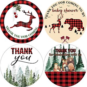 Hilgue Lumberjack Thank You Stickers, Lumberjack Plaid Thank You Stickers, Red Black Buffalo Plaid Christmas Baby Shower Favors Labels Party Decorations Supplies, 2 Inch (Pack of 80) (HL-RBQ-4)
