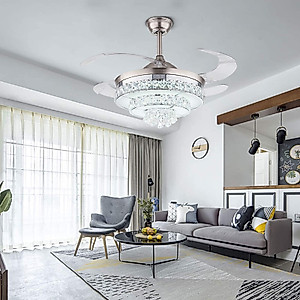 DYRABREST 42" Modern Crystal Ceiling Fans Lights and Remote Control Retractable Blades Chandelier Fan Lamp 3 Color 3 Speed Adjustable for Home Decoration Living Room