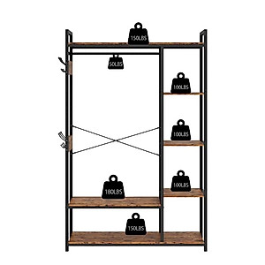 FreeStanding Closet Organizer, Industrial 1 Rod Garment Rack with 4-Tier Sttorage Shelf, Rustic Wardrobe Rack Clothes Rack with Shoe Shelves for Hanging Clothes and Storage (Rustic Brown)