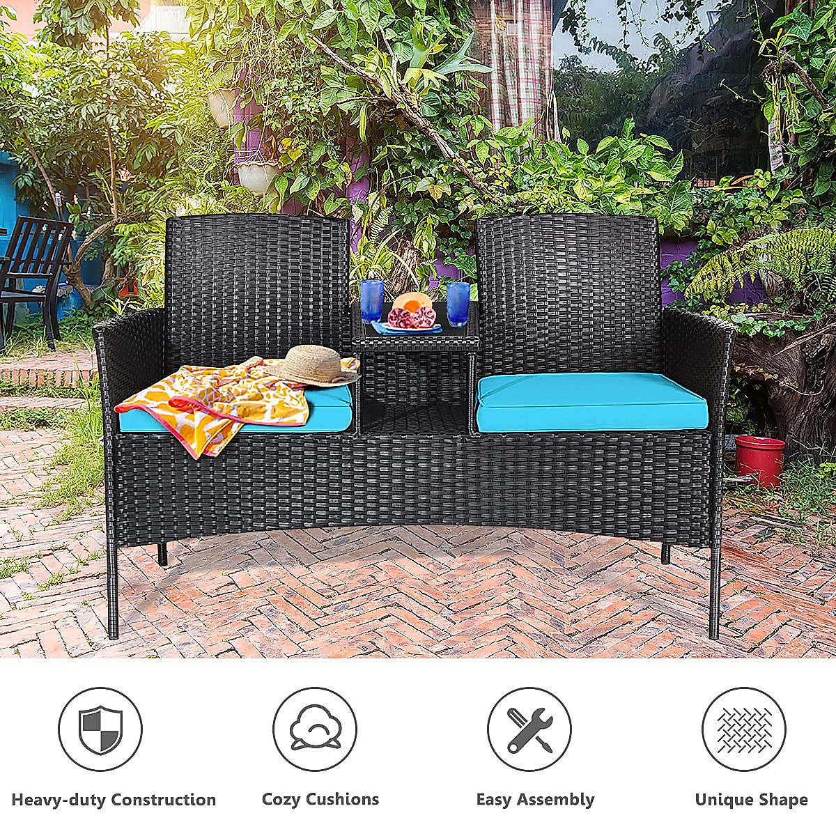 LDAILY Patio Conversation Set, Modern Rattan Loveseat, Outdoor Furniture Set with Removable Cushions & Table, Patio Wicker Sofa Set, Tempered Glass Top, Ideal for Garden Lawn Backyard