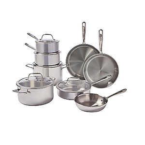 T-fal Pro Tri-Ply Stainless Steel Cookware Set 13 Piece, Induction Compatible Oven Safe 500F, Lids 350F, Fast & Even Heat, Professional Quality & Durability, Pots and Pans Set, Dishwasher Safe, Silver