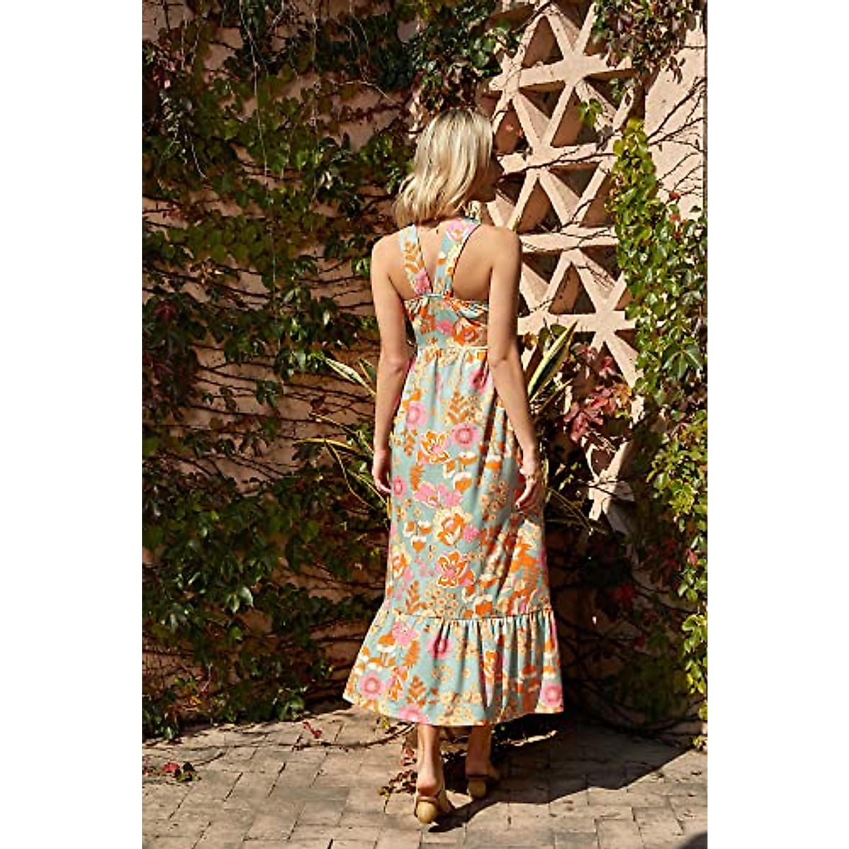 2023 Women's Halter Neck Floral Sleeveless Summer Dresses for Beach Greygreen L