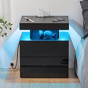 HOMMPA LED Nightstand with Wireless Charging Station & USB Ports High Gloss Bedside Table with LED Light RGB Adjustable Brightness Smart Nightstand 2 Drawers Night Stand for Bedroom Black