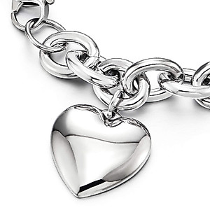 COOLSTEELANDBEYOND Womens Stainless Steel Rolo Chain Bracelet with Dangling Puff Heart, High Polished