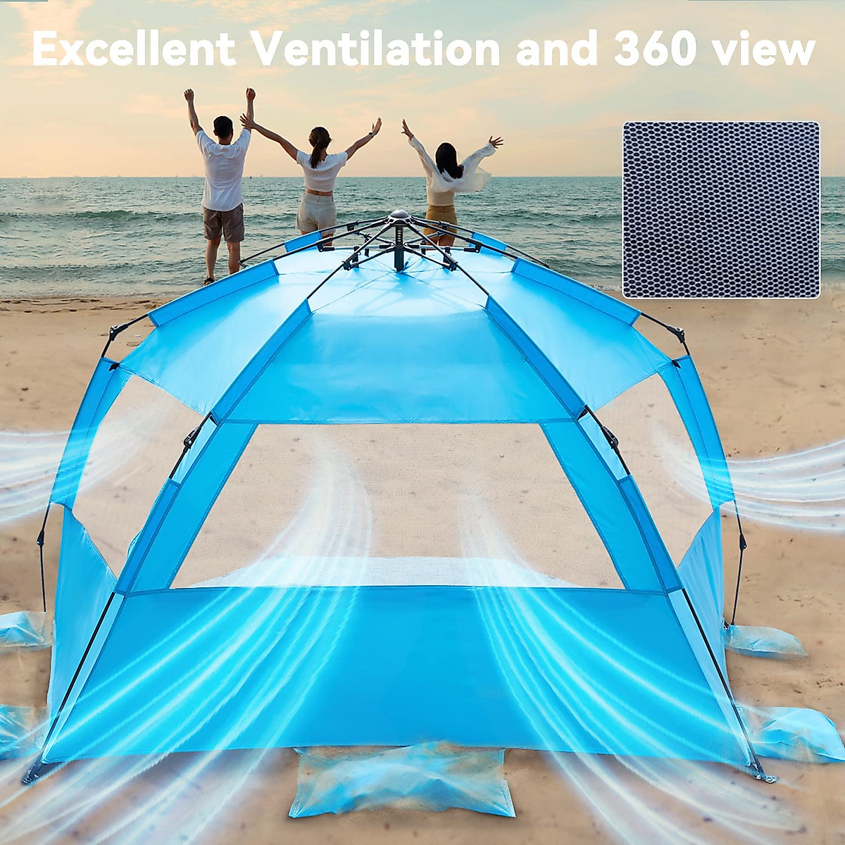 KO-ON Pop Up Beach Tent for 4 Person, Easy Setup and Portable Beach Shade Sun Shelter Canopy with UPF 50+ UV Protection, Extendable Floor with 3 Ventilating Windows Plus Carrying Bag