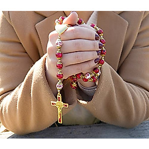 Nazareth Store Saint Benedict Red Rosary Beads Catholic Necklace Flowers Mystery Bead Miraculous Medal Locket Cross Prayer Rosarios Catolicos