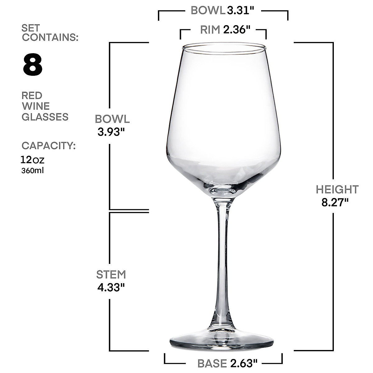 YARYOUNG Wine Glasses Set of 8, Long Stem Clear Glass 12 Ounce for Wedding Party Gift, Dishwasher Safe