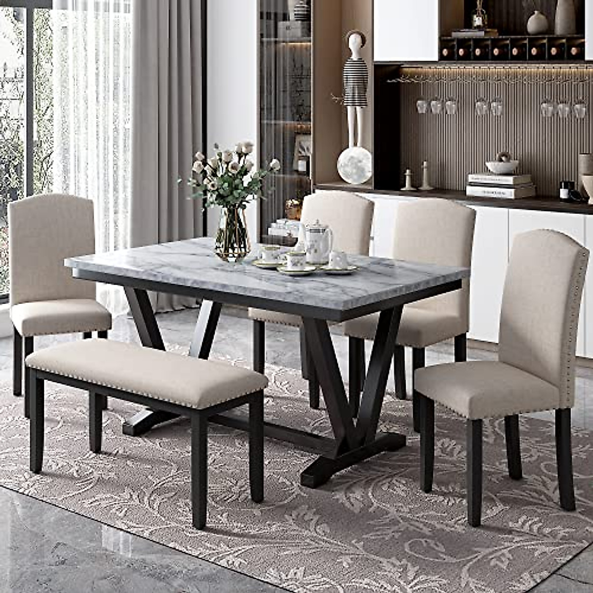 P PURLOVE Faux Marble Style 6 Piece Dining Table Set Marble Stickers MDF Top Kitchen Table with 4 Thicken Cushion Chairs and a Bench, for Home Living Room (White)
