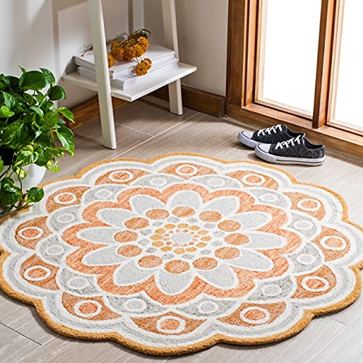 SAFAVIEH Novelty Collection 4' Round Grey / Gold NOV101B Handmade Boho Flower Premium Wool Area Rug