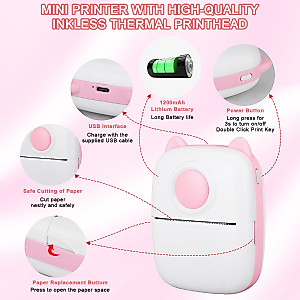 Mini Portable Printer - Pocket Thermal Printer with 13 Roll Papers, Bluetooth Wireless Smart Printer for Photos, Office Receipts,QR Codes,Labels,Notes Printing Compatible with iOS Android Phone Pink