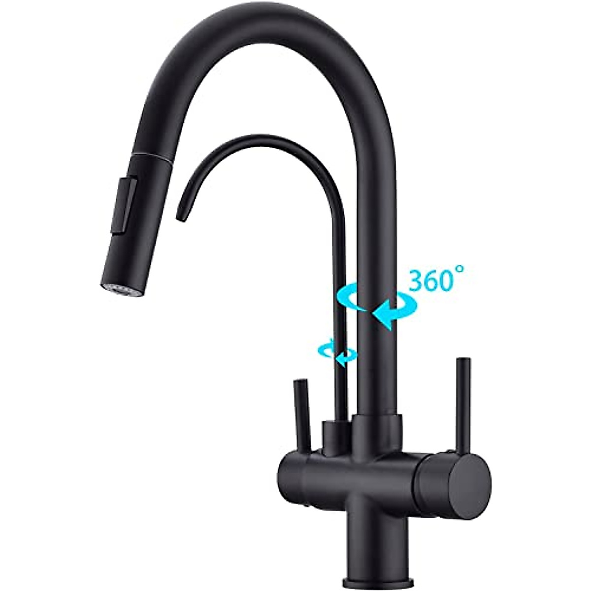 TUTEW Matte Black Kitchen Faucet with Pull Down Sprayer, Black Kitchen Sink Faucet with Drinking Water Faucet,2 Handle 3 in 1 Water Filter Purifier Faucets