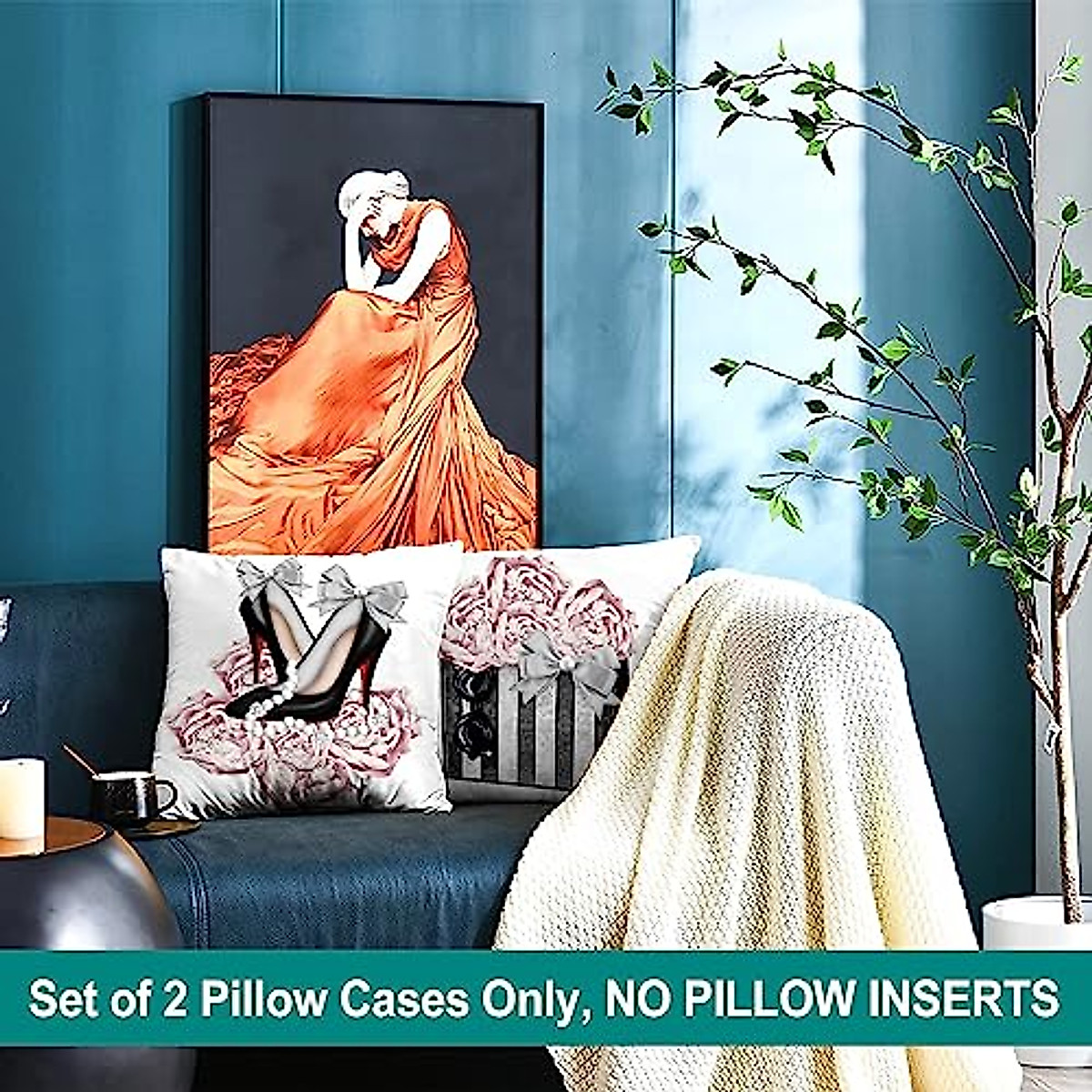 FCOZM Pink Gray Throw Pillow Covers Couch Bed Decorative Pillow Covers Fashion Handbag High Heels Flower Sofa Pillow Covers 18x18 Women Teen Girls Room Decor Soft Velvet Square Pillow Cases Set of 2