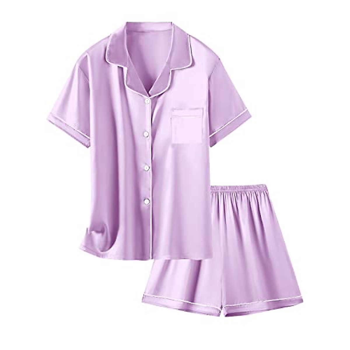 Silk Pjs for Women Set, Cute Silky Matching 2 Pcs Comfy Nightwear Button Down Sexy Soft Satin Summer Pj Short Set, D Lavender, X-Small