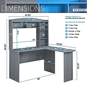 Techni Mobili Modern Hutch L-Shaped Computer Desk, Grey