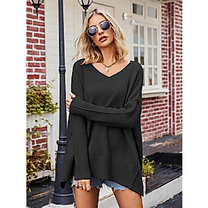 hathne Oversized V Neck Sweater for Women Casual Long Sleeve Side Split Hem Pullover Top 2024 Knit Tunic Jumper(M,Black)