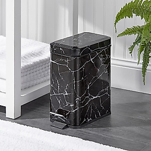 mDesign Small Modern 1.3 Gallon Rectangle Metal Lidded Step Trash Can, Compact Garbage Bin with Removable Liner Bucket and Handle for Bathroom, Kitchen, Craft Room, Office, Garage - Black Marble