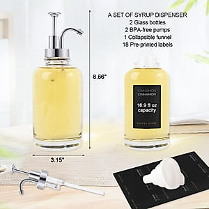 Joyfulmap Coffee Syrup Dispenser with 18 Labels, Pump Bar, Minimalist Glass Bottle, Simple Maple/Coffee Bottles w. set of Black, 16.9 oz 500 ml, 001