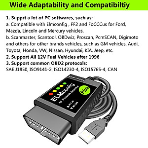 ELMconfig OBD2 to USB Cable ELM327 OBD2 Scanner Code Reader Diagnostic Tool Live Data USB to OBD2 Adapter OBD2 Adapter for Ford F150 OBDii ELM 327 OBD Interface for Laptop PC Windows