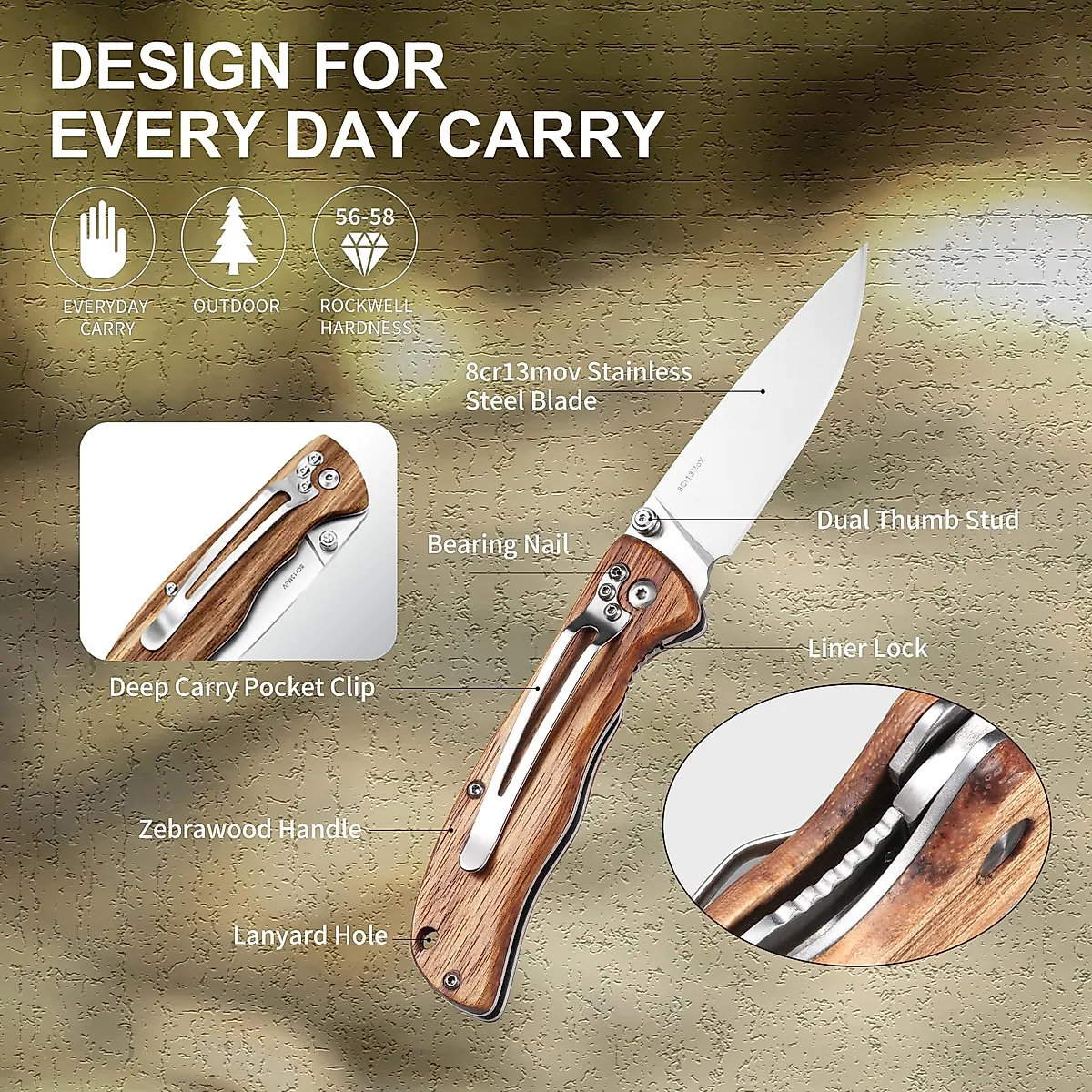 Vickay Pocket Knife for Men, Folding Knife with Clip, 3.74" 8Cr13MoV Steel Blade, Wood Handle EDC Knife for Outdoor Camping,Tactical, Hunting and Fishing Gift (Zebrawood)