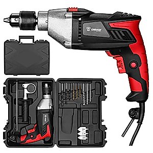 DEKOPRO 8Amp 1/2-inch Corded Impact Drill with 12pcs Accessories, Variable Speed 0-2800, Hammer and Drill 2 Functions in 1, 360°Rotating Handle, Depth Gauge, Carrying Case Included