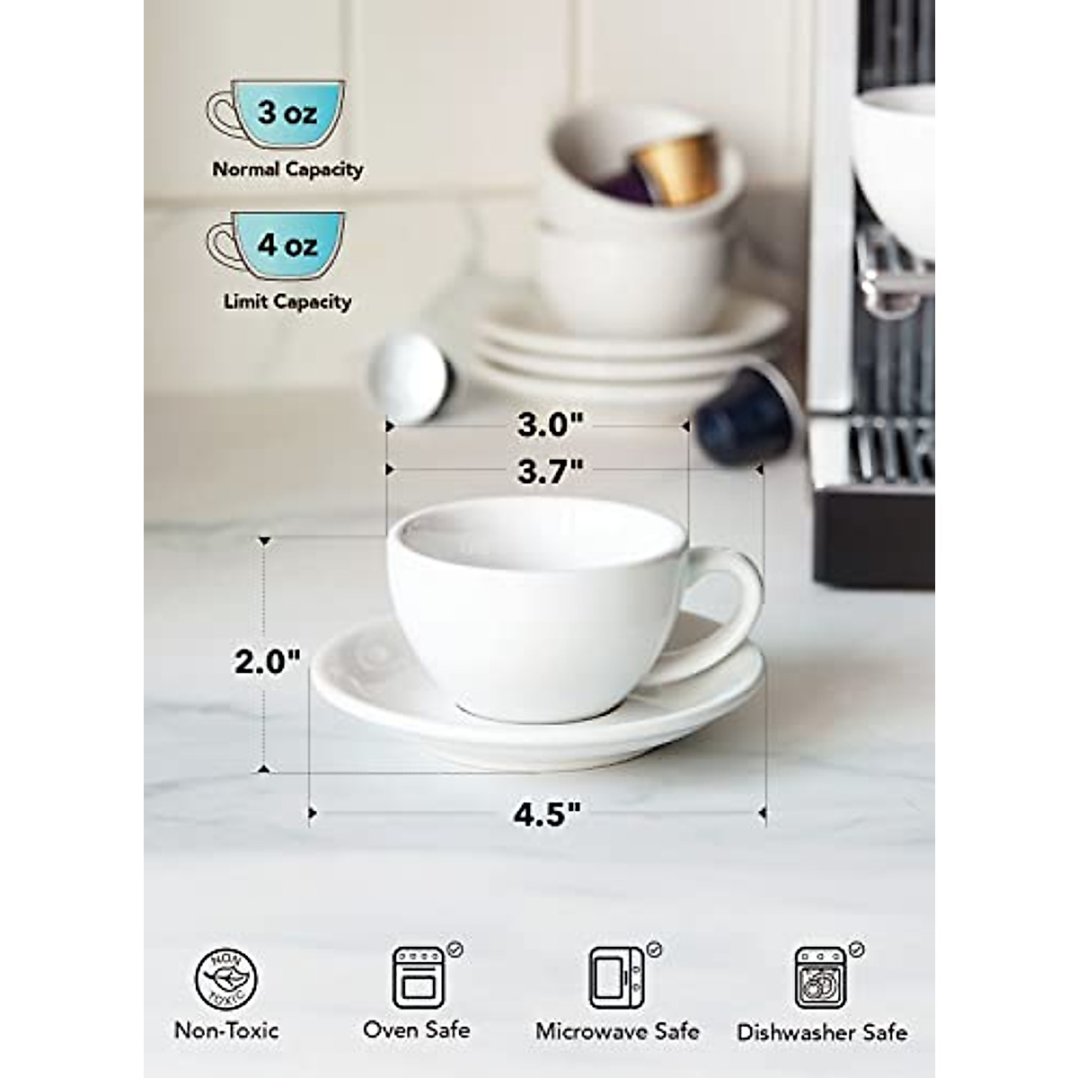 LE TAUCI 3 oz Espresso Cups with Saucers，Set of 4，Demitasse Coffee Cup for Shot, Lungo, Ristretto - White