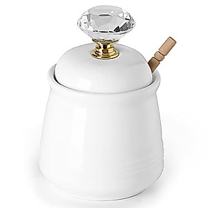 ONTUBE Ceramic Honey Pot with Dipper and Crystal Lid, Honey Jar Container Dispenser for Home Kitchen, 12oz (Gold)