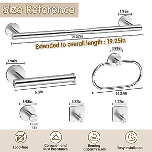 Bathroom Hardware Set, Brushed Nickel Bathroom Accessories, 6PCS Adjustable Towel Holder Set, Expandable Tower Bar, Adhesive Toilet Paper Holder, Stainless Steel Towel Rack, Towel Ring, Hooks,No Drill