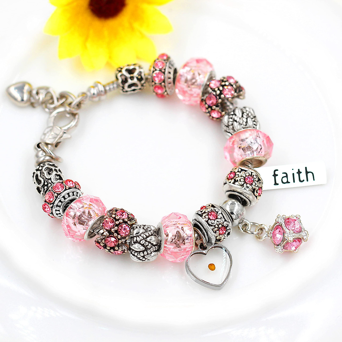 Silver Tone Crystal Murano Glass Beads Snake Chain Bracelet Faith Mustard Seed Charm Crystal Bracelets for Women Y1924 (pink)