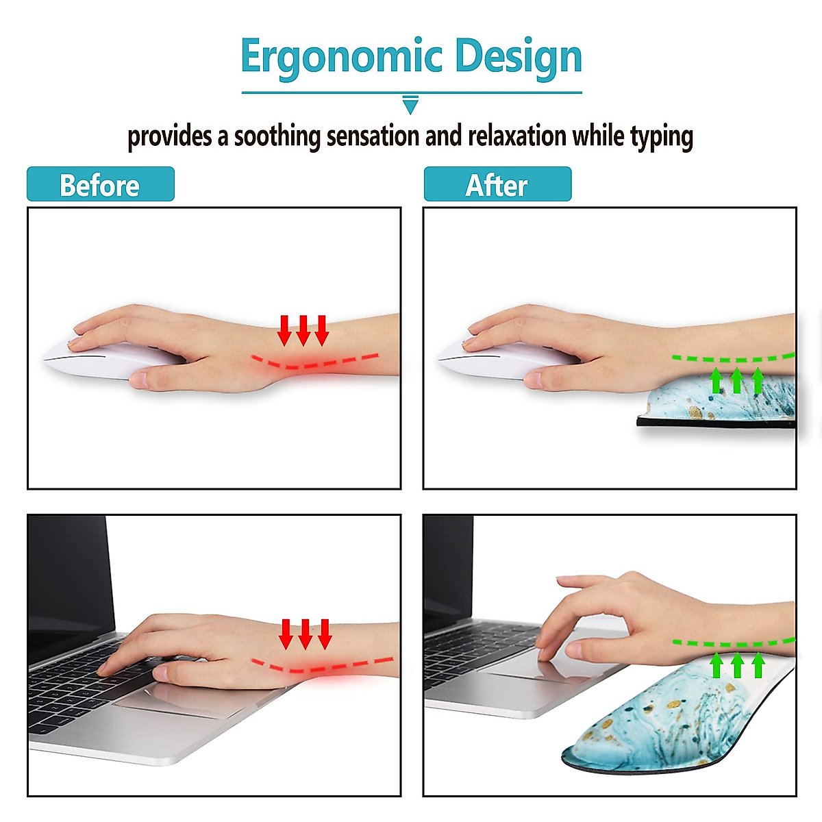 ArtSo Keyboard Wrist Rest and Mouse Pad with Wrist Support Set Ergonomic Coaster, Memory Foam Mousepad Non-Slip Rubber Base Durable Comfortable for Easy Typing Pain Relief, Teal Turqoise Marble