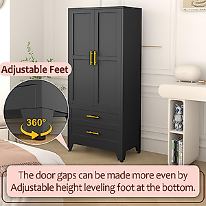 Metal Wardrobe Closet with 2 Doors & 2 Drawers, 71" Tall Armoire Wardrobe Closet with Hanging Rods and Adjustable Shelf, Steel Wardrobe Storage Cabinet for Bedroom-Black