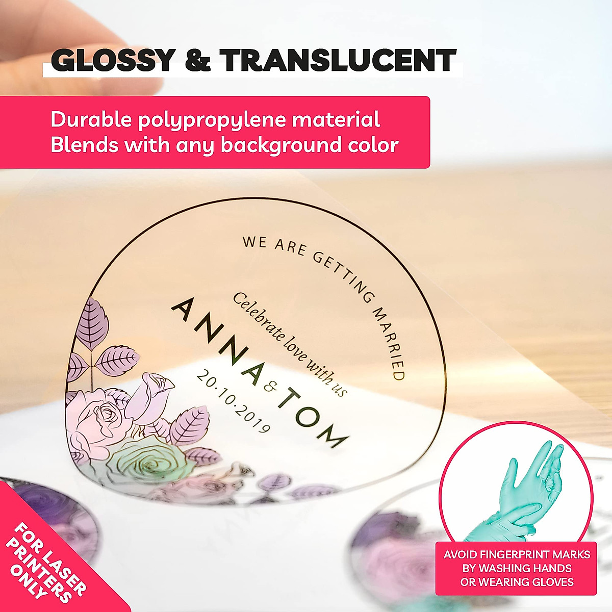 Clear Sticker Paper for Laser Printer - (20 Sheets), 8.5 x 11" Letter Size, Glossy Vinyl Sticker Paper - Perfect for Crafting and Vibrant Designs