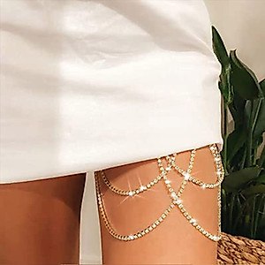 Ludress Layered Thigh Chain Gold Rhinestones Leg Chain Spaekly Crystal Body Chain Halloween Rave Body Jewelry Accessories for Women and Girls