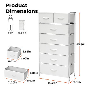 Pellebant Dresser for Bedroom with 7 Drawers, Tall Dresser Vertical Storage Tower, Sturdy Metal Frame, Fabric Storage Bins with Plastic Handle, Wooden Top, Organizer Unit for Closet/Hallway, White