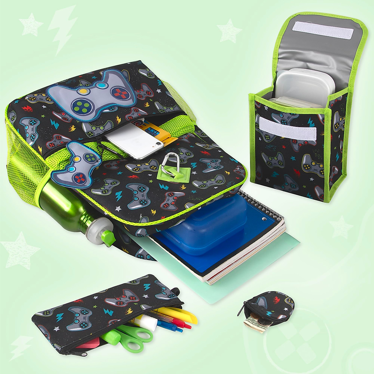 Trail maker Boy's 6 in 1 Backpack With Lunch Bag, Pencil Case, and Accessories