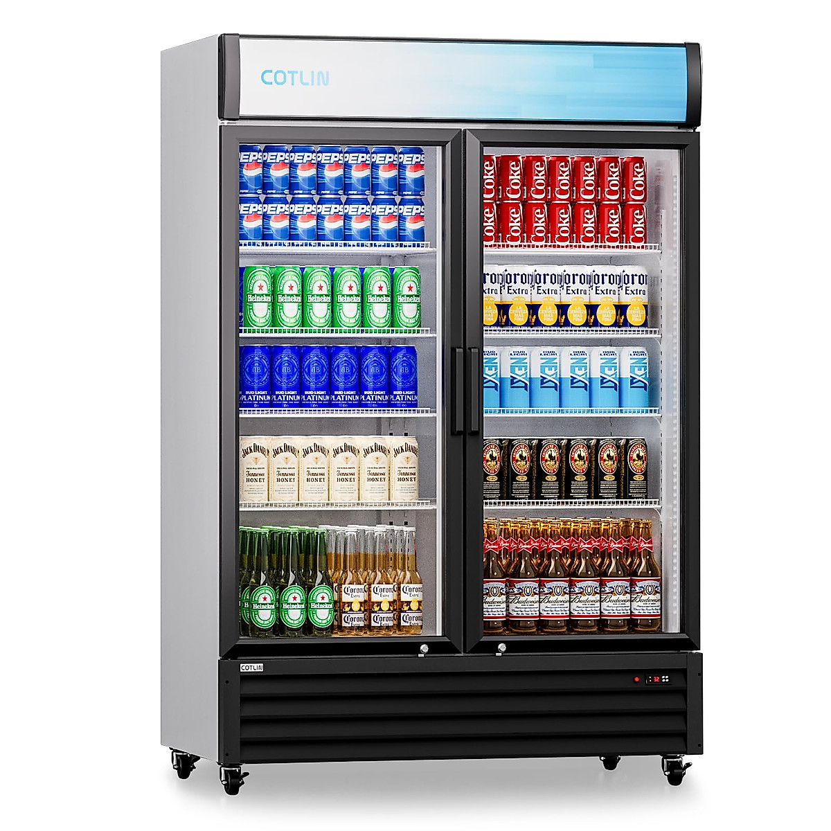 COTLIN 53" W Commercial Display Refrigerator Merchandiser 2 Glass Door, 49 Cu.Ft Upright Drink Fridge Beverage Cooler with LED Lighting, 10 Shelves & 4 Bottle Holders, ETL NSF Approved